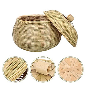 DOITOOL Woven Basket Wicker Storage Basket with Lid Round Waste Basket Seagrass Rattan Baskets Woven Storage Bins Wooden Picnic Basket Laundry Hamper Container Bamboo- Woven Basket