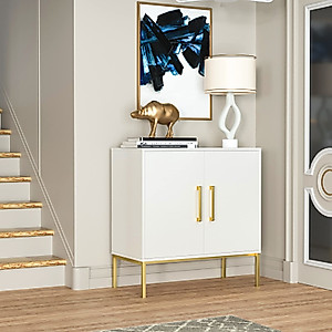 JOZZBY Buffet Sideboard Cabinet with Storage, Modern Wooden Free Standing Cabinet with Adjustable Shelves, White and Gold Cabinets for Living Room, Kitchen, Hallway