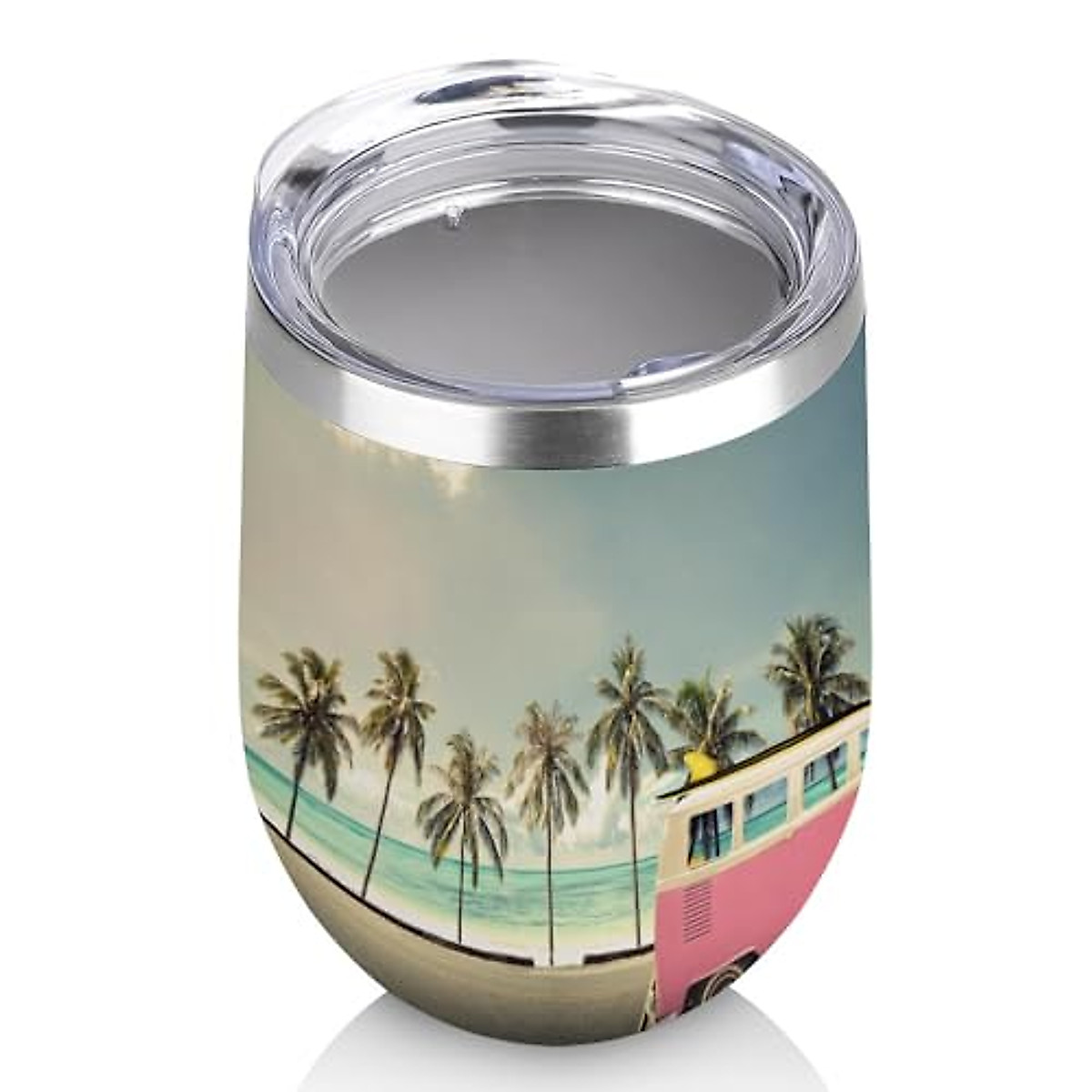 silichee 12 Oz Stainless Steel Tumbler Cups Water Bottle with Lid Vintage Car in the Beach Surfboard Roof Insulated Tumblers Vacuum Coffee Mugs for Hot and Cold Coffee,Wine,Drinks