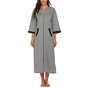 Ekouaer Women Zipper Robe 3/4 Sleeves Loungewear Dress Full Length Sleepwear Pockets Housecoat Nightgown Long Bathrobe