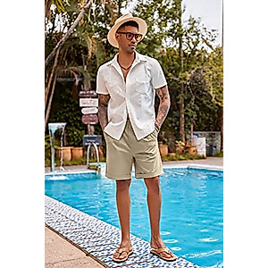 COOFANDY Men’s Linen Casual Shorts Classic Fit 7" Summer Beach Shorts Elastic Waistband with Pockets, Khaki, Medium