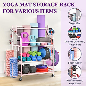 Mythinglogic Yoga Mat Storage Racks,Home Gym Storage Rack for Dumbbells Kettlebells Foam Roller, Yoga Strap and Resistance Bands, Workout Equipment Storage Organizer With Hooks and Wheels