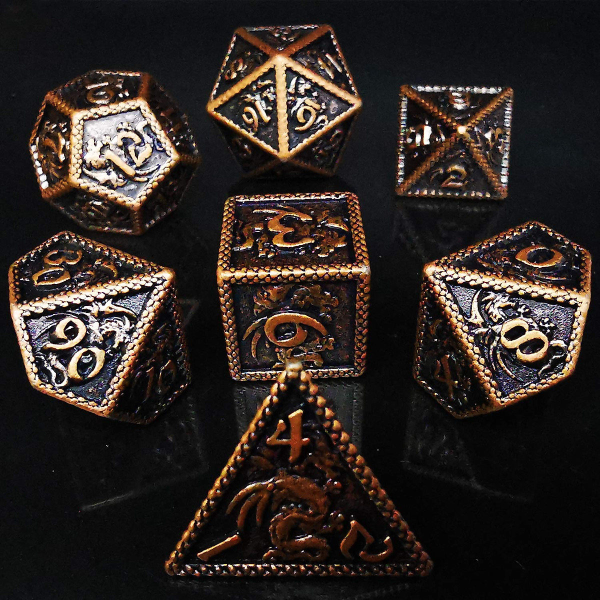 MJDICEOK Dragon Metal DND Dice Set 7 Role Playing Dice Solid D&D Dice Red Copper