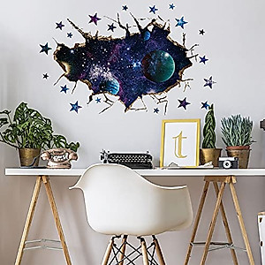 3D Galaxy Blue Cosmic Milky Way Wall Stickers, HOLENGS Outer Space Planets Simulation Crack Hole Wall Decals, Starry Sky Wall Decor for Boys Kids Bedroom Living Room Nursery Wall Decoration