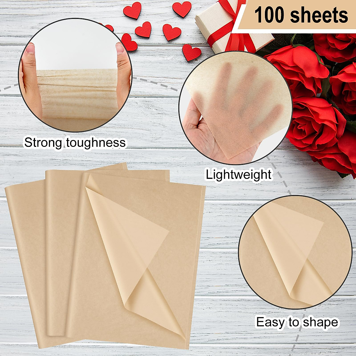 NEBURORA 100 Sheets Kraft Tissue Paper for Gift Bag 20x14 Inches Wrapping Tissue Paper Bulk Brown Decorative Art Paper for DIY Crafts Birthday Weddings Holiday Christmas Party Decor