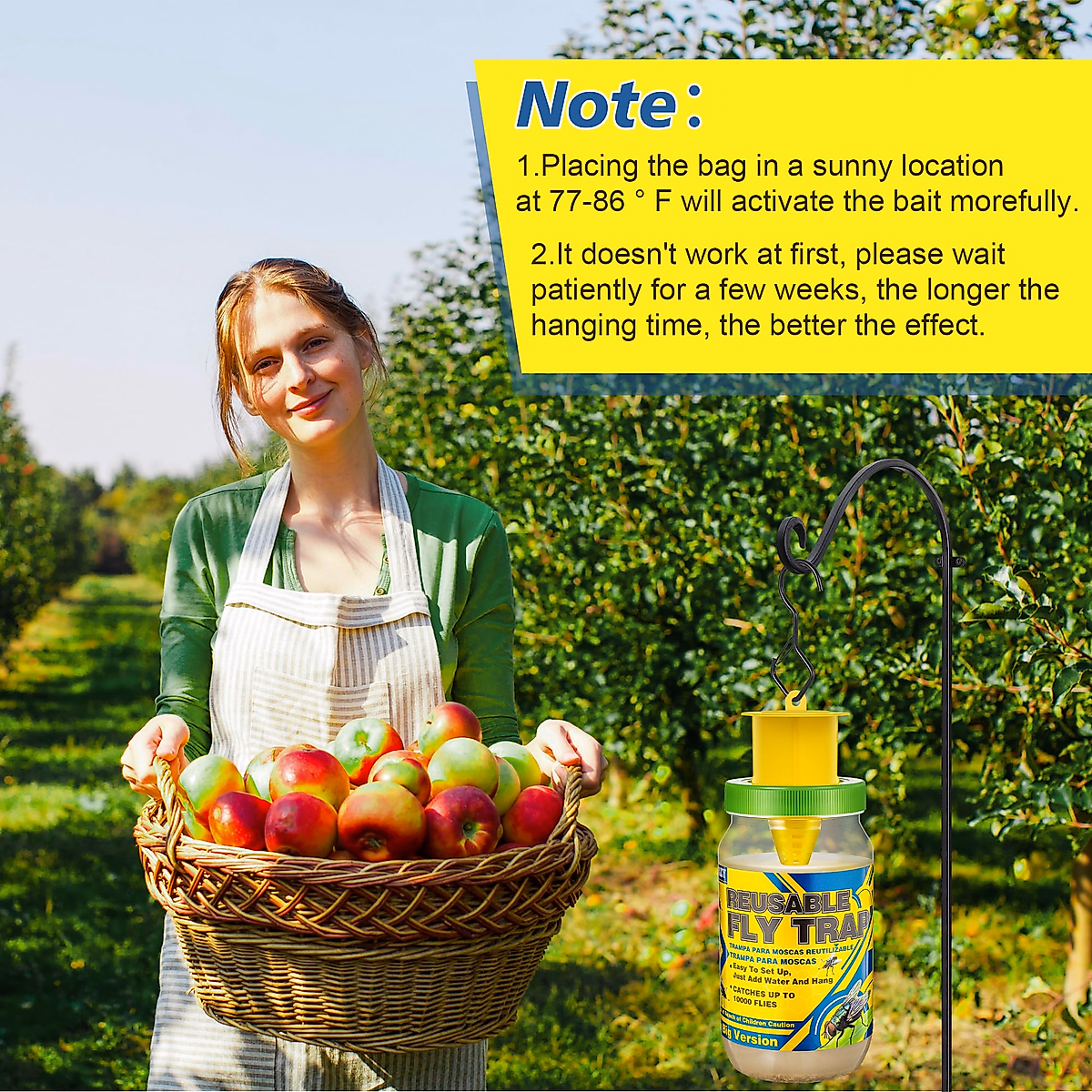 Qualirey 6 Pack Outdoor Hanging Fly Trap Bottles, Reusable Fly Killer Trap Catcher with Bait Refill for Outside Farms, Pastures, Chicken Coops, Stables, Barns, Garbage Cans, Yard, Backyard, Patio