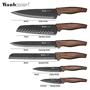 Wanbasion Matte Black Titanium Plated Stainless Steel Kitchen Knife Set, Chef Kitchen Knife Set Professional, Dishwasher Safe Kitchen Knife Set with Damascus Style