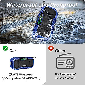 Emergency Weather Radios Hand Crank Solar Bluetooth Speaker,Portable AM FM NOAA Radio 5000mAh Battery Powered Waterproof Wind Up Storm Radio Flashlight Phone Charger,Reading Light,SOS for Survival