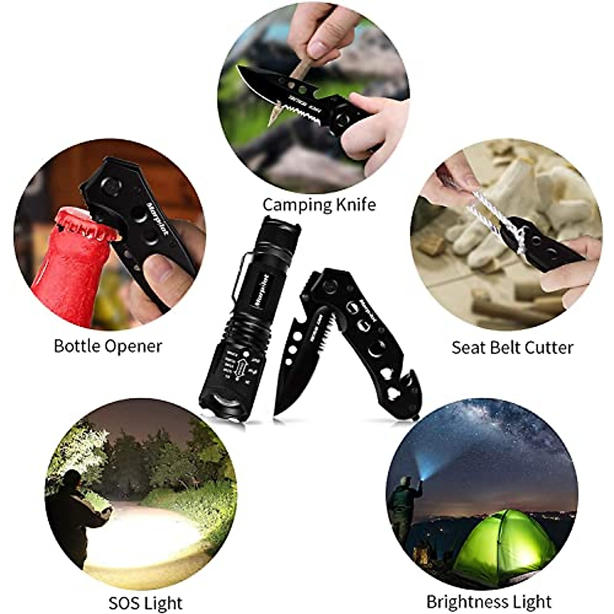 Pocket Knife, Multi Folding Knife and Flashlight Set, Pocketclip, Glass Breaker, Seatbelt Cutter Survival Knives for Hiking, Camping, Fishing, Pocket Knives for Man, Husband, Boyfriends, Brother