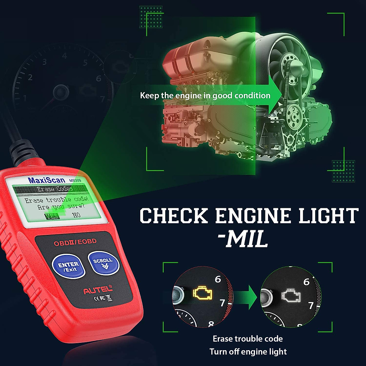 Autel OBD2 Scanner MaxiScan MS309 Car Check Engine Code Reader, Check Emission Monitor Status, 2024 Newest CAN Diagnostic Scan Tool for All OBD II Protocol Vehicles After 1996