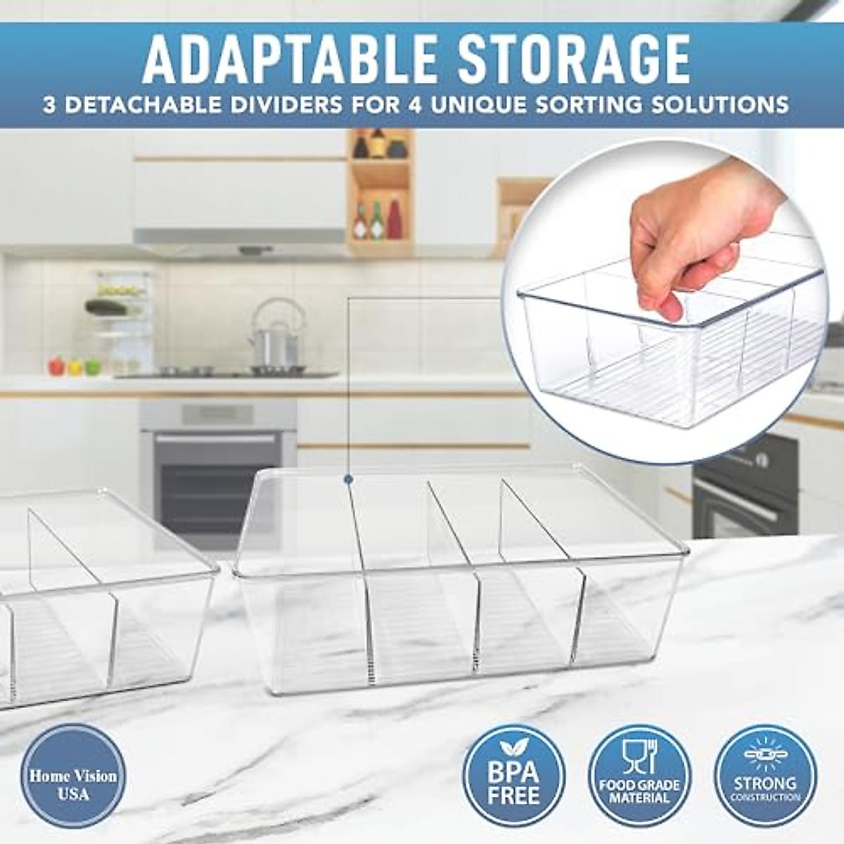 4 Pack Pantry Organizers and Storage Bins with Removable Dividers - Stackable Clear Storage Bins Plastic - Multipurpose Refrigerator Organizers and Storage for Kitchen & Storage Cabinets