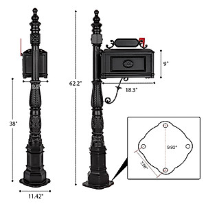 Heavy Duty Mailbox Classic Decorative Cast Aluminum Mail Box Postal Vertical Pedestal (Black)