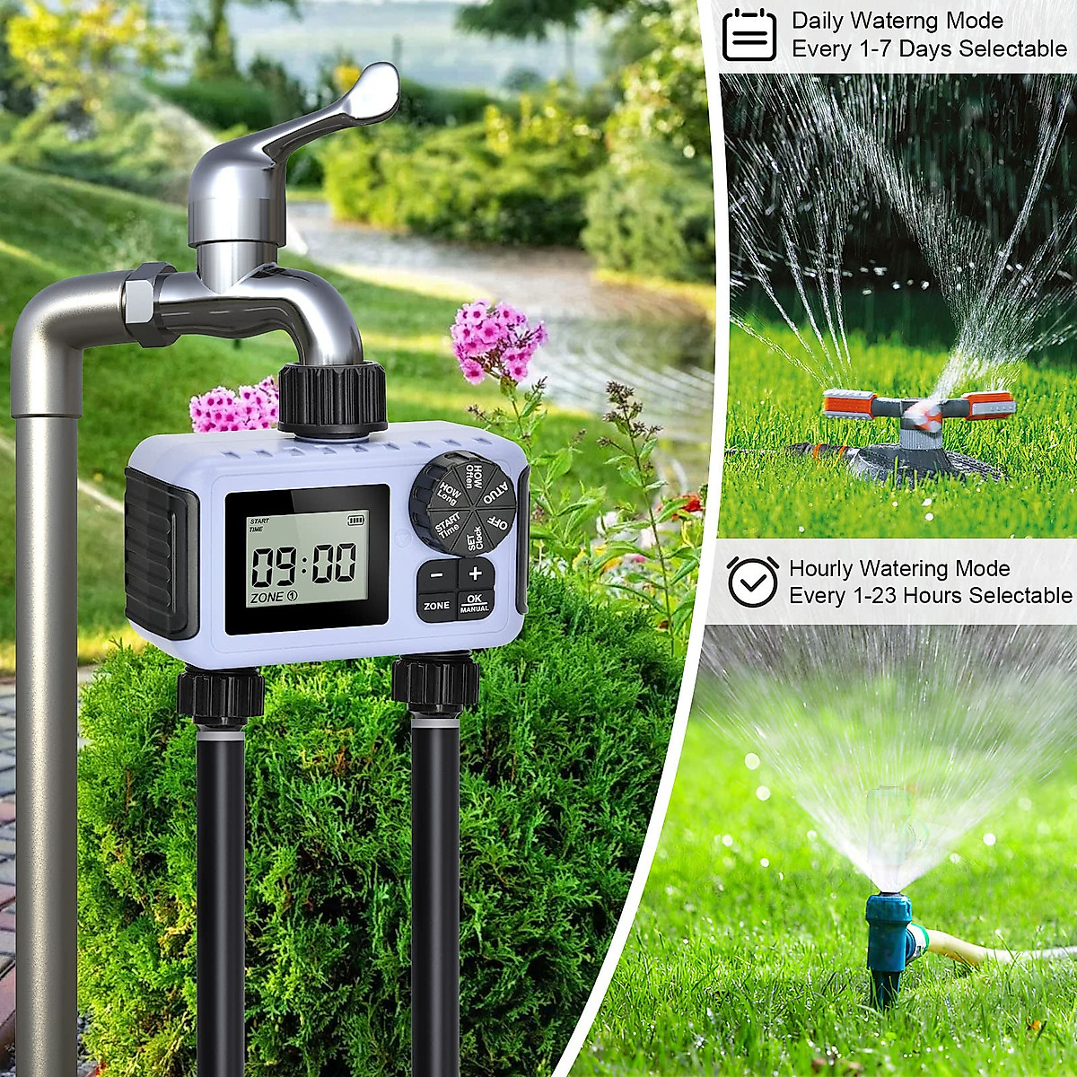 Sprinkler Timer 2 Outlet, Programmable Water Timer for Garden Hose, Rain Delay/Manual/Automatic System, Waterproof Digital Irrigation Timer System for Yard Outdoor Watering, Lawns and Pool
