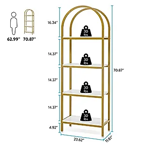 LITTLE TREE 4-Tier Arched Bookshelf, Tall Open Bookcase Storage Shelves, Wood Metal Freestanding Display Rack Tall Shelving Unit for Home Office, Bedroom, Living Room, White & Gold