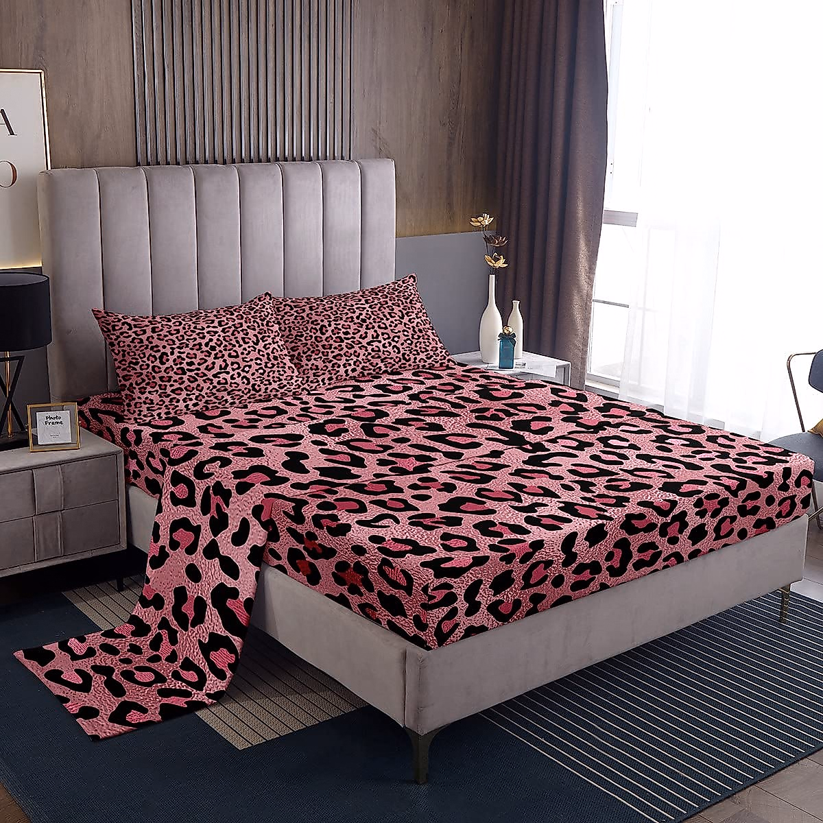 Pink Leopard Print Sheet Set Twin,Cheetah Bedding Set for Kids Teens Girls,Wild Animal Skin Texture Romantic Fashion Bed Sheet Set 3pcs with Deep Pocket Fitted Sheet + Flat Sheet + 1 Pillowcase
