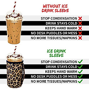 Abeillo 3 Pack Reusable Iced Coffee Sleeves 16-32oz Insulator Sleeves with Handle for Cold Drinks Beverages Drink Sleeve Holder for Popular Brands Coffee Cup (Leopard)