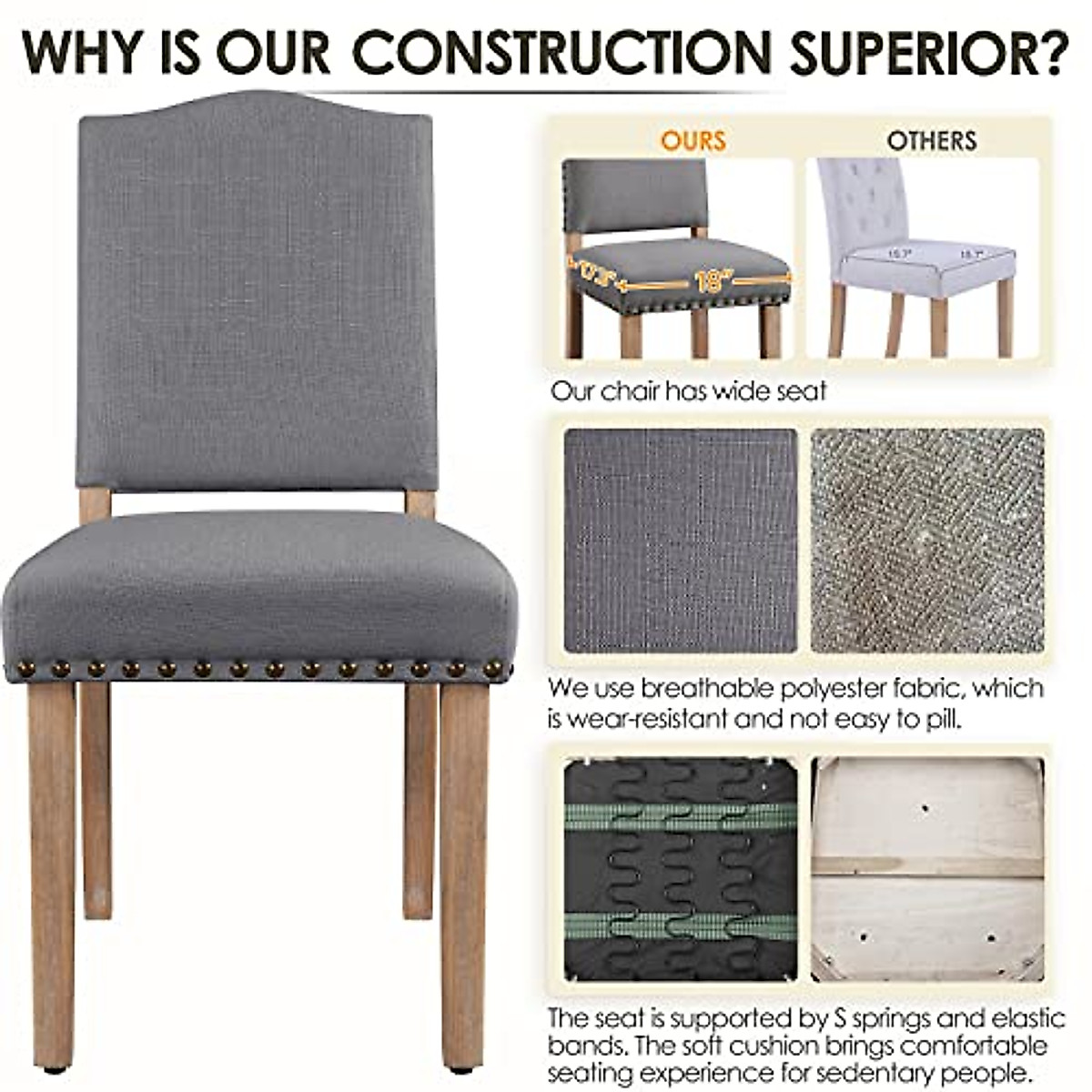 Yaheetech Dining Chairs Fabric Side Chair with Solid Wood Legs Parson Chairs with Nailhead Trim for Home Kitchen Living Room, Dark Gray, 6pcs