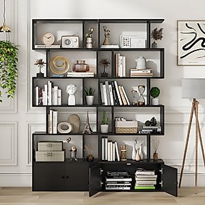 SILKYDRY 6-Tier Geometric Bookcase with Cabinet, 72 Inch Freestanding Room Divider Bookshelf, S-Shaped Open Display Book Shelf for Bedroom, Modern Bookcases with Doors and Shelves (2, Black)