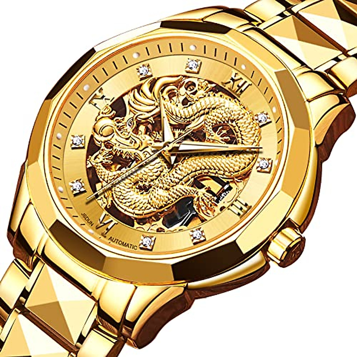 OLEVS Gold Watches for Men Automatic Dragon Skeleton Mechanical Luxury Watch Business Dress with Tungsten Steel Luminous 160FT Waterproof Diamond Fashion Wrist Watch