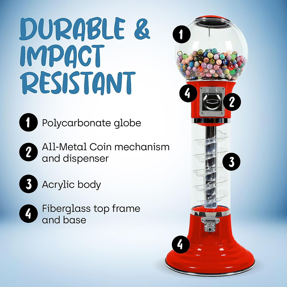 Gumball Machine Spiral Vend - 4’ Height - Set Up for $0.25 - Dispenses 1” Gumballs, Bouncy Balls & Toys in Round Capsules - Spiral Vending Machines for Kids - Bubble Gum Machine - Red