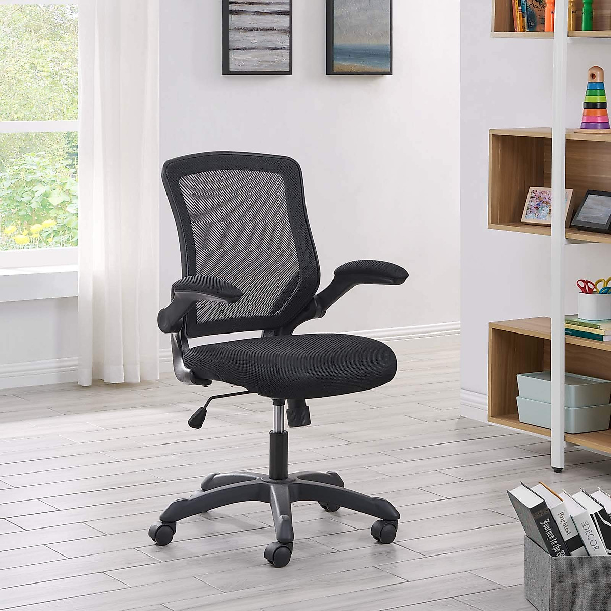 Modway Veer Office Chair with Mesh Back and Vinyl Seat With Flip-Up Arms in Black