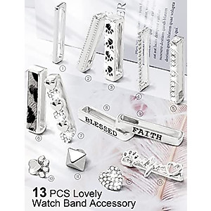 JR.DM 13 Pieces Silver Watch Band Charms with 10-Pcs Decorative Rings Loops & 3-Pcs Classic Clasp, Compatible with Apple Watch 38mm 40mm 41mm 42mm 44mm 45mm Metal Diamond Sliding Strap Accessories for iWatch Series 9 8 7 6 5 4 3 2 1 (No Watch Band)