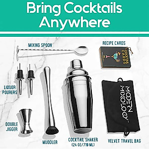 Mixology Cocktail Shaker Set Drink Mixer, 8-Piece Portable Bartender Kit with 24oz Martini Shaker Barware Tool Set, 2 Pourers, Muddler, Jigger, Mixing Spoon, Velvet Bag, Built-in Strainer (Silver)