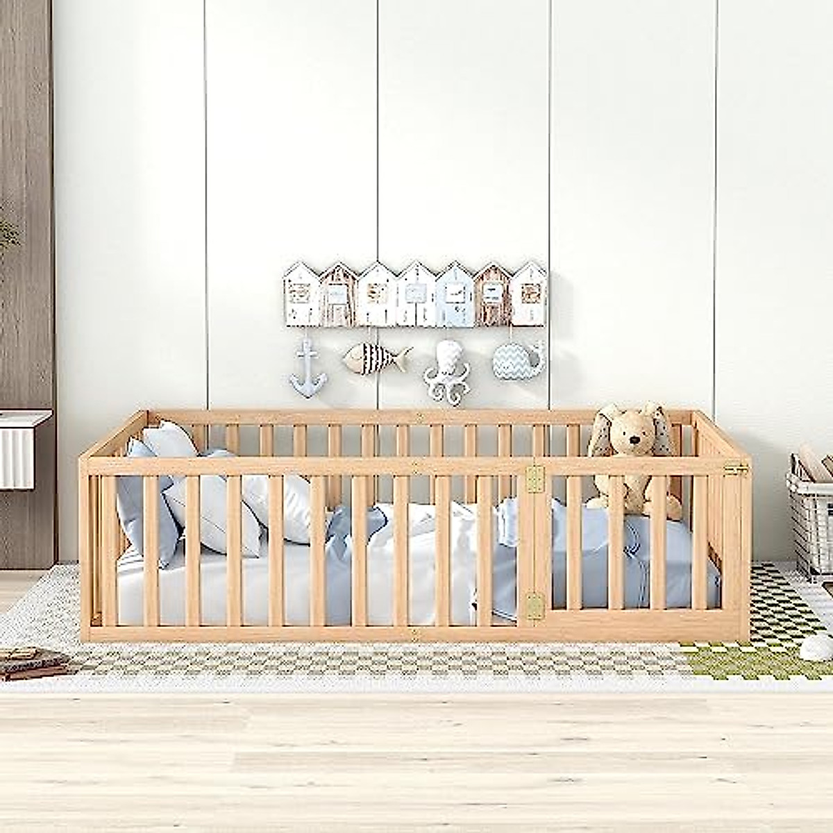 Harper & Bright Designs Full Size Floor Bed with Safety Guardrails and Door, Wood Toddler Floor Bed Frame for Girls/Boys, Full Montessori Floor Bed for Kids,Natural