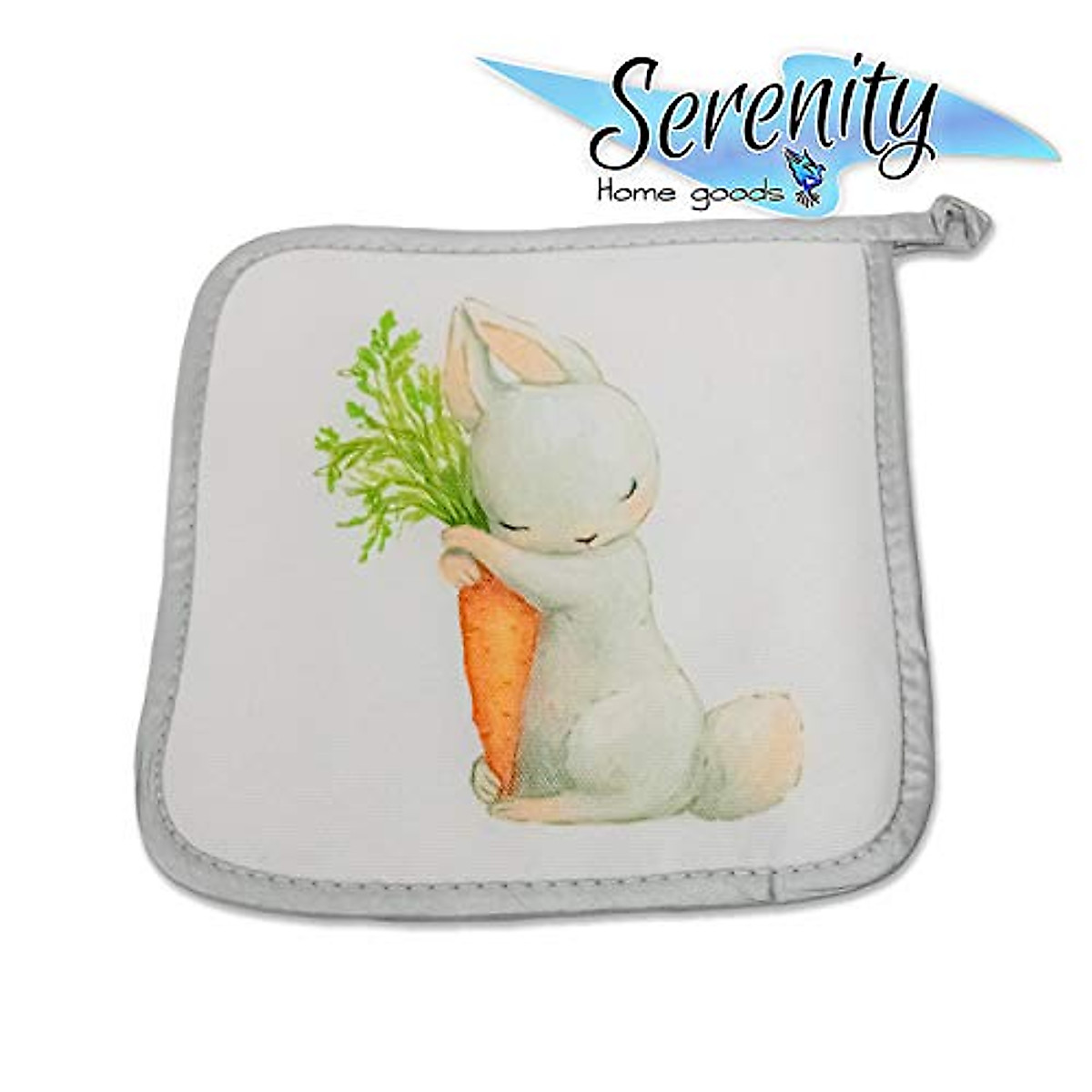 Spring Decorative Kitchen Hot Plate Pot Holder Oven Mitt Set | Retro Chic Luxe Easter Bunny Rabbit With Eggs and Carrot| Cute Decoration White Home Decor Holiday | Gift Present