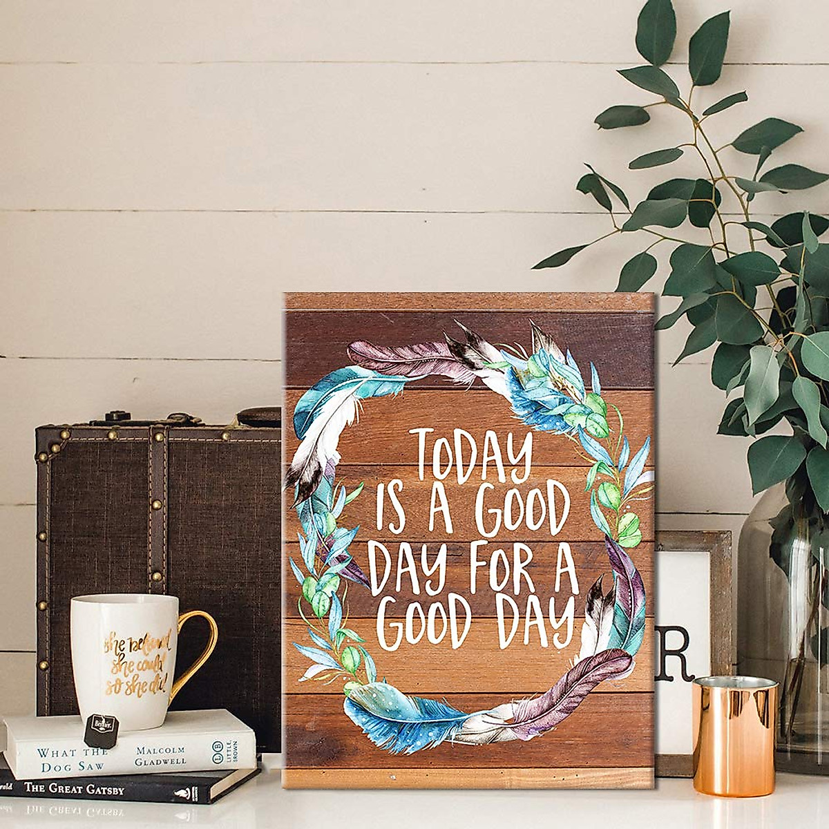 Inspirational Today is A Good Day Quotes Theme Canvas Wall Art for Office Studios School Dorm Wall Decor, Inspirational Motivational Living Room Bedroom Office Home Decor (Wooden lubricious)