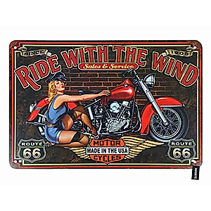 HOSNYE Motor Cycles Pin Up Girl Tin Sign Beautiful Woman Quote with Ride with The Wind Red Backdrop Tin Sign Vintage Metal Tin Signs for Men Women Wall Art Decor for Home Bars Clubs Cafes 8x12 Inch