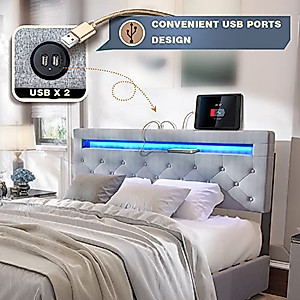 HOMFAMILIA Queen LED Bed Frame with 4 Storage Drawers and 2 USB Ports, Modern Adjustable Upholstered Button Tufted Headboard, Solid Wooden Slat Support, No Box Spring Needed(Light Grey)