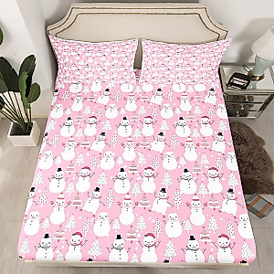 Erosebridal Kawaii Fitted Sheet Full Cute Cartoon Snowman Sheet Set for Kids Child Girls Pastel Pink Merry Christmas Tree Bed Sheets Snowflake Flat Sheet Xmas Decorations
