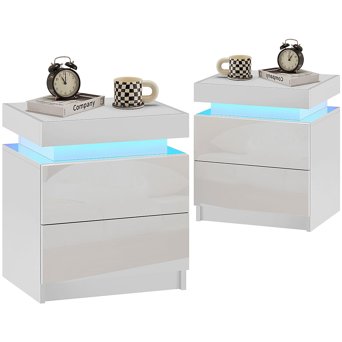 OFCASA Nightstand Set of 2 with LED Light Modern Bedside Table with 2 High Gloss Drawers Smart Night Stand for Bedroom and Living Room（White）