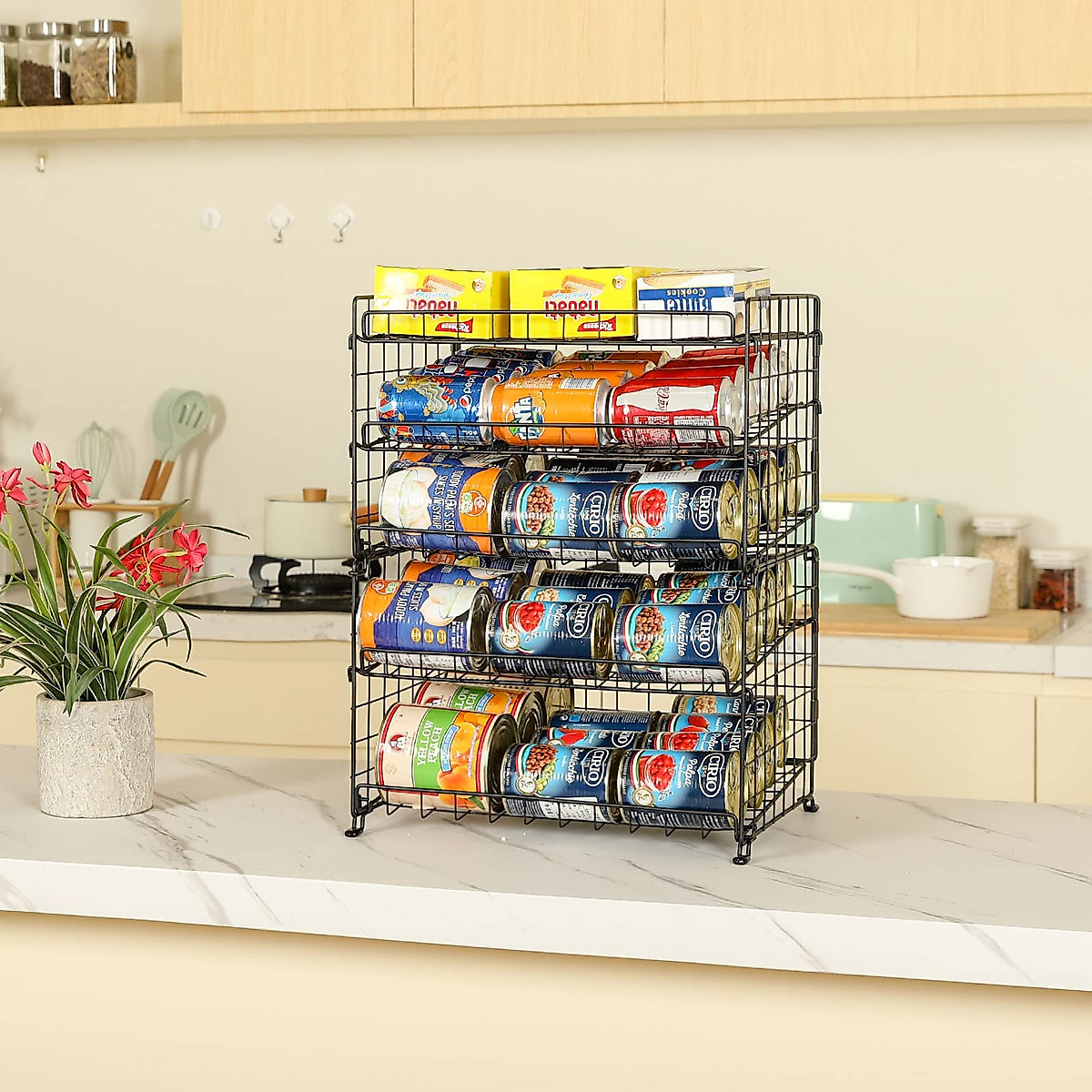 5-Tier Stackable Can Rack Organizer, Can Storage Organizer for Kitchen Pantry Cabinet, Multifunctional Can Dispenser for Storing Canned Snacks Drinks and More,Black