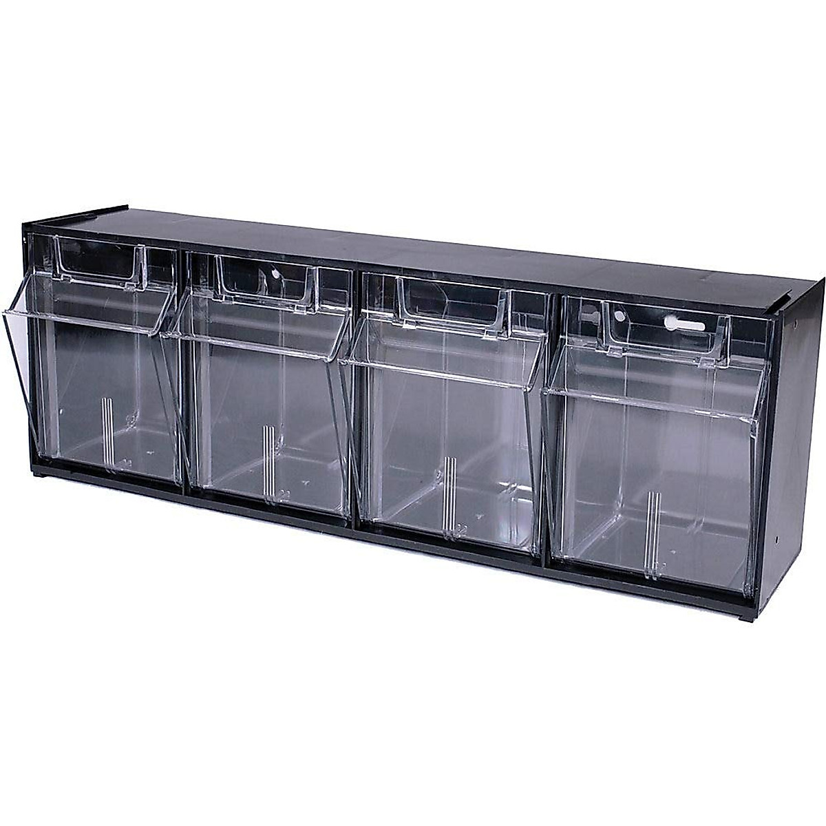 deflecto Tilt Bin Interlocking Multi-Bin Storage Organizer, 4 Sections, 23.63" X 6.63" X 8.13", Black/Clear