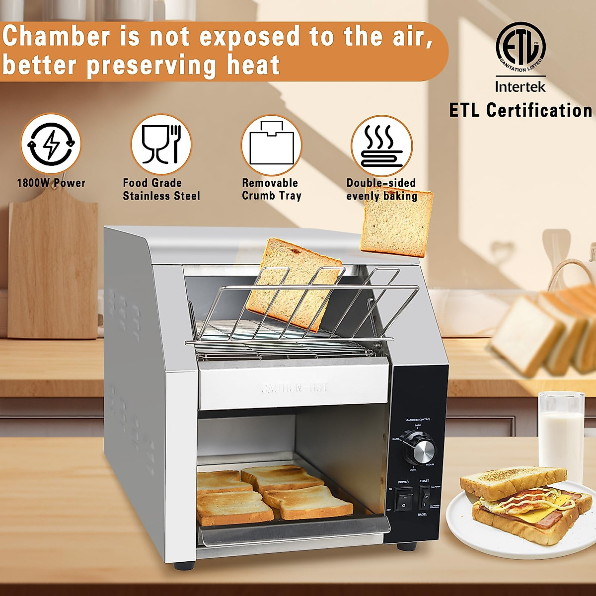 EASYROSE Commercial Conveyor Toaster 450 Slices/Hour Commercial Toaster Oven, 10" Wideness Conveyer Belt Heavy Duty Toasters for Restaurant Hotel Bun Bagel Bread, 120V,1800W, ETL