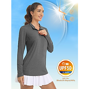MAGCOMSEN Quarter Zip Women Long Sleeve Sun Shirts UV Protection Collared Golf Shirt Hiking Athletic Tops Dark Grey M