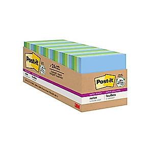 Post-it Super Sticky Recycled Notes, 3x3 in, 24 Pads, 2x the Sticking Power, Poptimistic, Bright Colors, 30% Recycled Paper (654-24SST-CP)