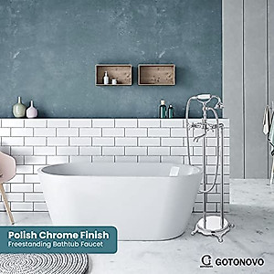 gotonovo Freestanding Bathtub Faucet Polished Chrome Floor Mount Tub Filler Double Cross Knobs Bathroom Mixing Tap with Handheld Shower Telephone Shape