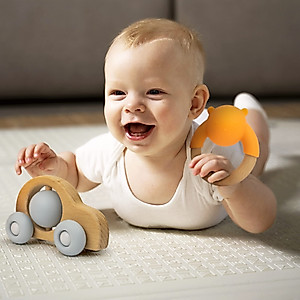 Wooden Baby Teething Toys Set of 2 (Car & Ring Shaker) - Food Grade Teether Ring and Rattle with Push Along Organic Car for Teething Relief and Endless Fun