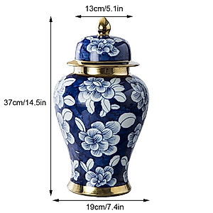Hand Painted Blue and White Porcelain Ginger Jar Ceramic Vase, Chinese Style Living Room Home Decoration, Temple jar with Gilt Edge (Size : Small)