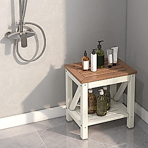 Giantex Shower Bench Waterproof HDPE - Shower Stool with Storage Shelf, Slatted Seat, Non-Slip Foot Pads, 2-Tier Plastic Spa Bath Step Shower Seat Footrest for Bathroom Indoor Outdoor (White & Brown)