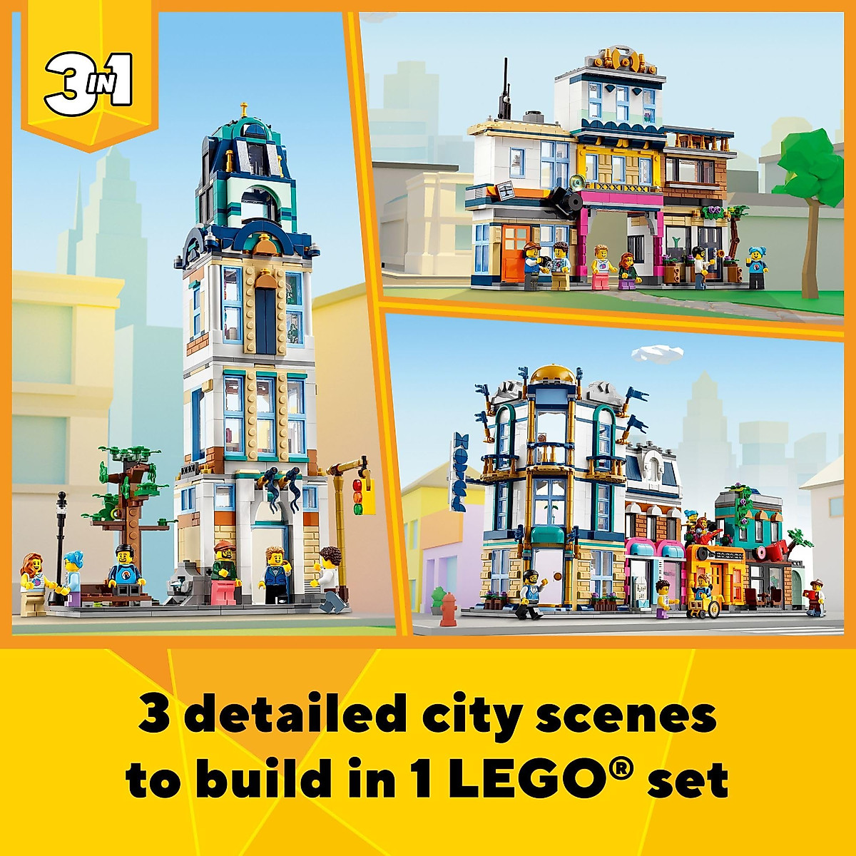 LEGO Creator Main Street 31141 Building Toy Set, 3 in 1 Features a Toy City Art Deco Building, Market Street Hotel, Café Music Store and 6 Minifigures, Endless Play Possibilities for Boys and Girls