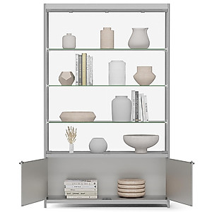 Displays2go 48" Retail Showcase, 7 LED Lights, Storage, Lockable Swinging Doors - Silver (LESC4816SB)