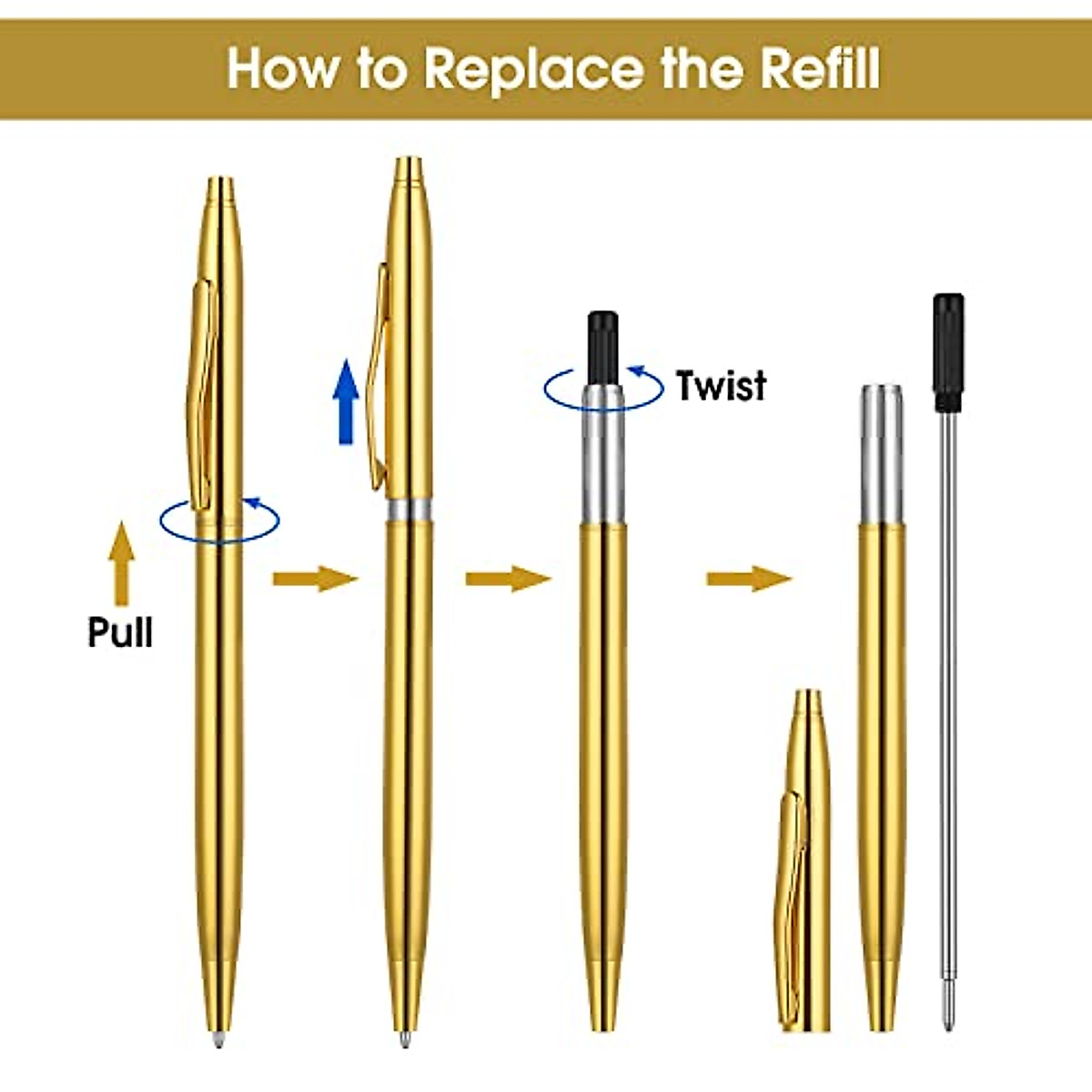 TIESOME Ballpoint Pens, 3 Pack Slim Stainless Steel Metallic Retractable Pens Black Ink 1 mm Nice Gift for Business Office Students Teachers Wedding Christmas (Gold)