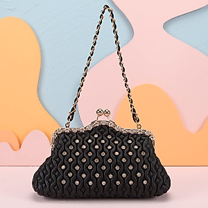 Fawziya Evening Clutch Purses For Women Formal Kiss Lock Crystal Leather Shoulder Bag-Black