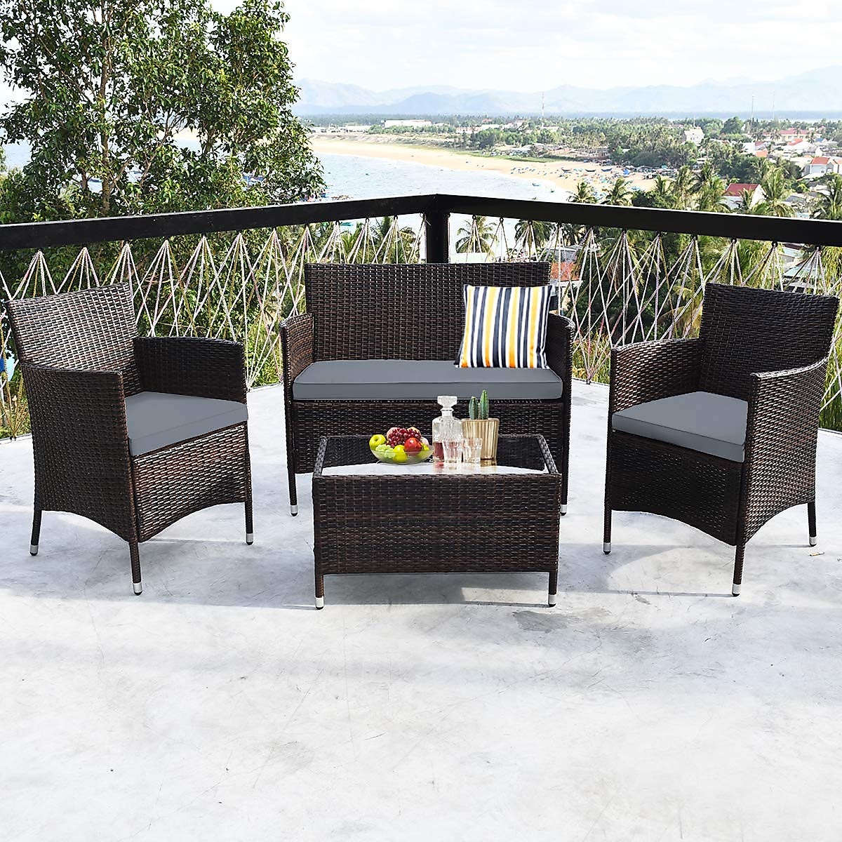 Toolsempire 4 Pieces Patio Sofa Set, Wicker Conversation Set with Ergonomic Curved Backrest, Patio Rattan Furniture Set with Water-Resistant Cushion & Tempered Glass Table for Balcony, Porch (Gray)