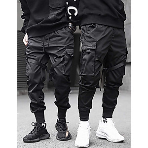 PAODIKUAI Men Techwear Matte Black Jogger Pants Relaxed Fit Streetwear Pants with 6 Pockets (Black, Medium)