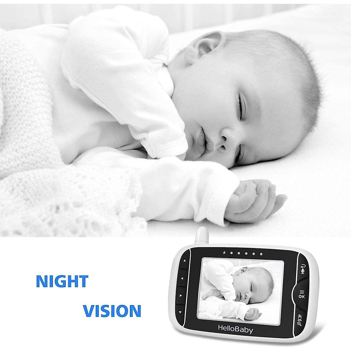 HelloBaby Video Baby Monitor with Camera and Audio - Infrared Night Vision | Two-Way Talk | Room Temperature | Lullabies | Long Range and High Capacity Battery
